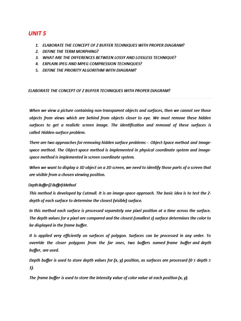 Unit 5: Depth Buffer (Z-Buffer) Method | PDF | Data Compression | Algorithms
