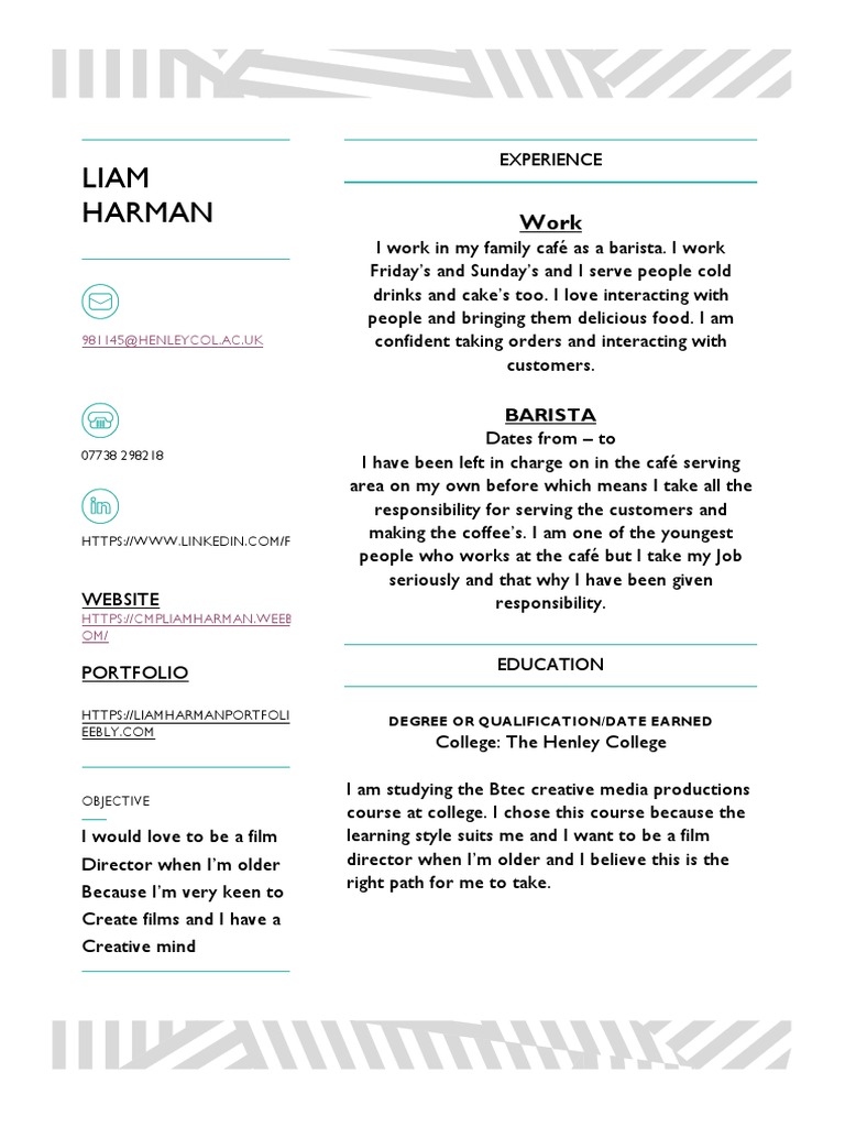 Liam Harman CV | PDF | Behavior Modification | Cognition