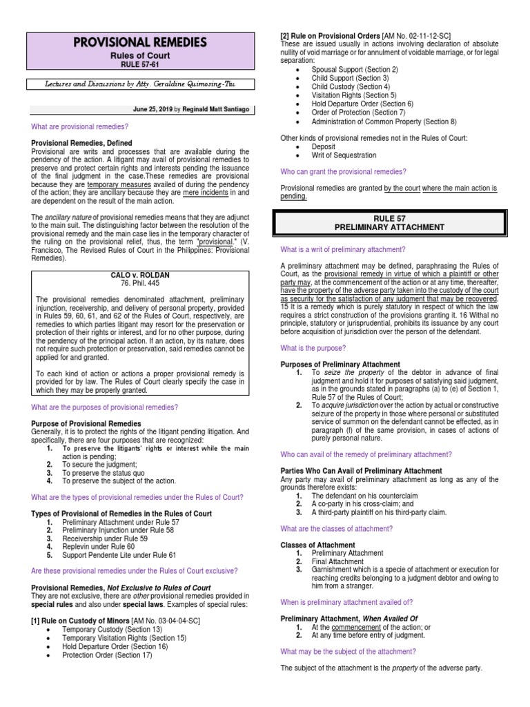 Provisional Remedies TSN 2019 | PDF | Legal Remedy | Damages