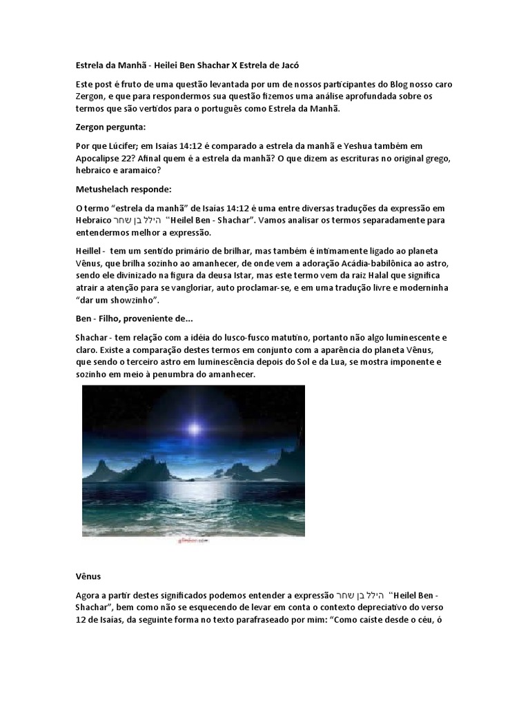 Estrela Da Manhã - Heilei Ben Shachar X Estrela de Jacó | PDF | Vênus ...