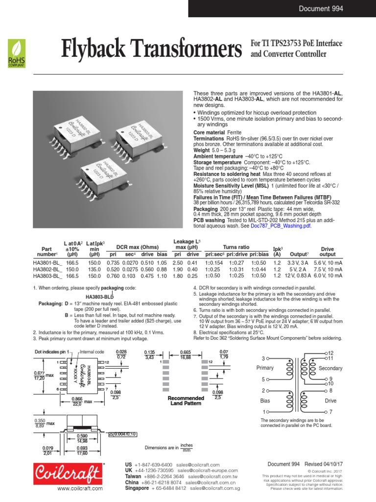 Flyback Transformers: For Ti Tps23753 Poe Interface and Converter ...