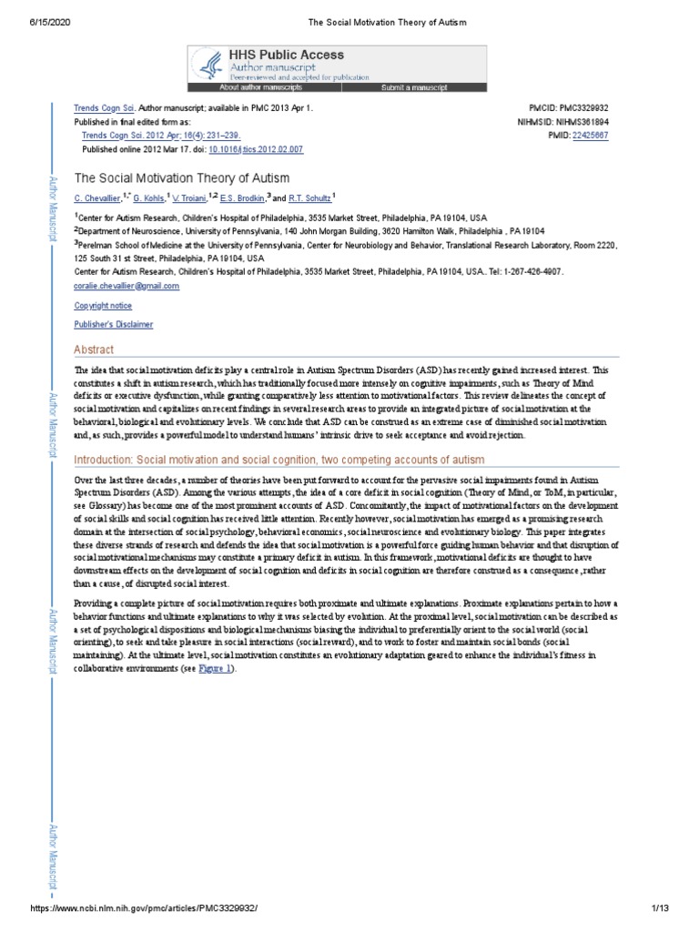 The Social Motivation Theory of Autism Documented | PDF | Reward System ...