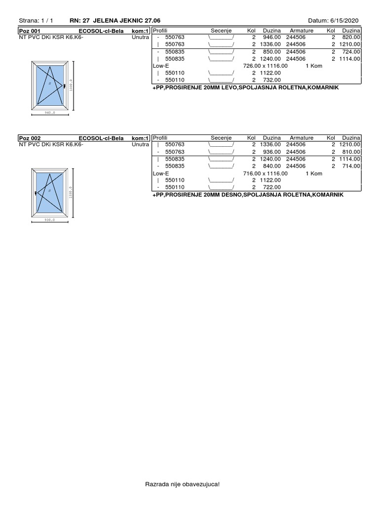 Specifications for two PVC window frames including dimensions of ...