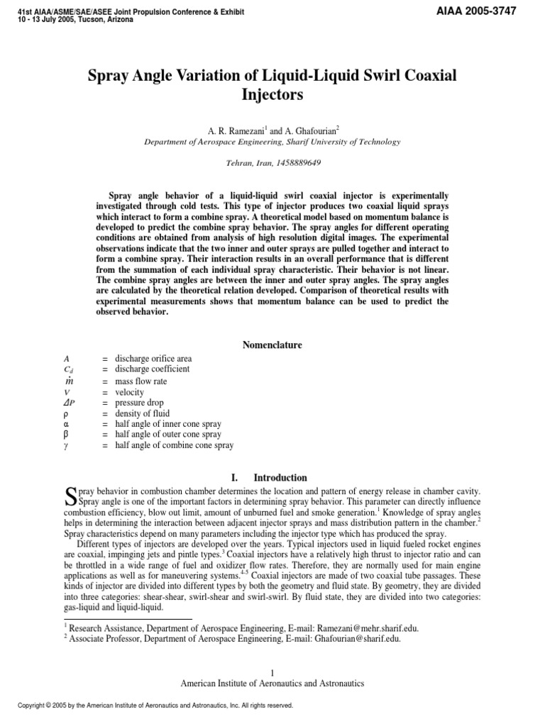 Spray Angle Variation of Liquid-Liquid Swirl Coaxial Injectors | PDF ...