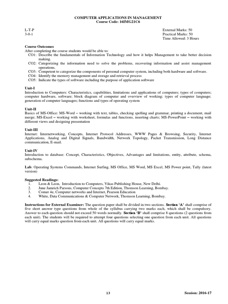 Computer Applications in Management Syllabus | PDF | Computer Network ...