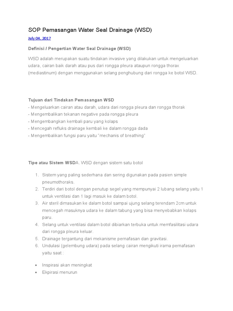 SOP Pemasangan Water Seal Drainage (WSD) | PDF