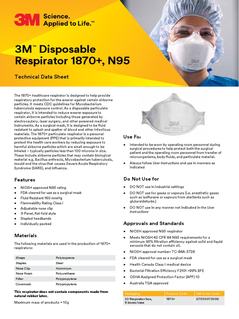 3M Disposable Respirator 1870+, N95: Technical Data Sheet | PDF ...