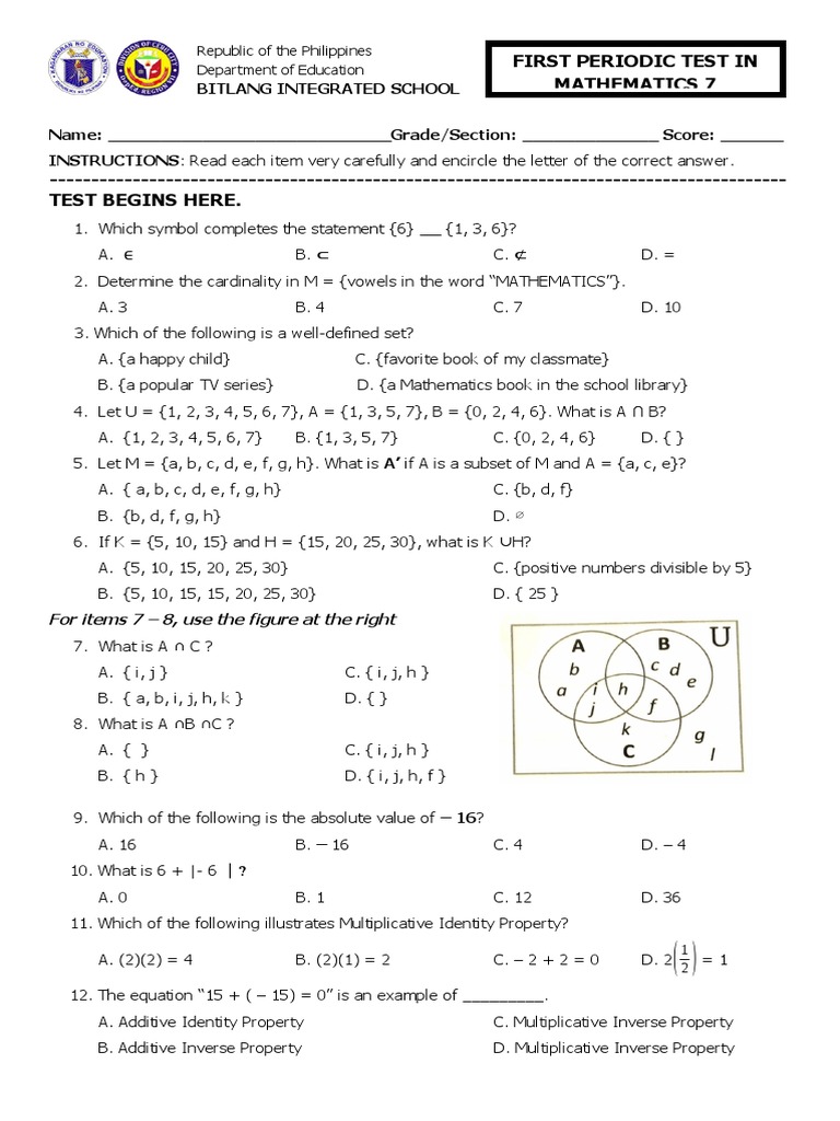 UNIFIED MATH 7 FIRST PERIODIC TEST With Answer Key | PDF | Integer ...