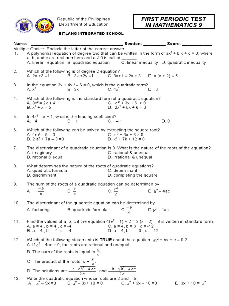 UNIFIED MATH 9 FIRST PERIODIC TEST With Answer Key | PDF | Quadratic ...