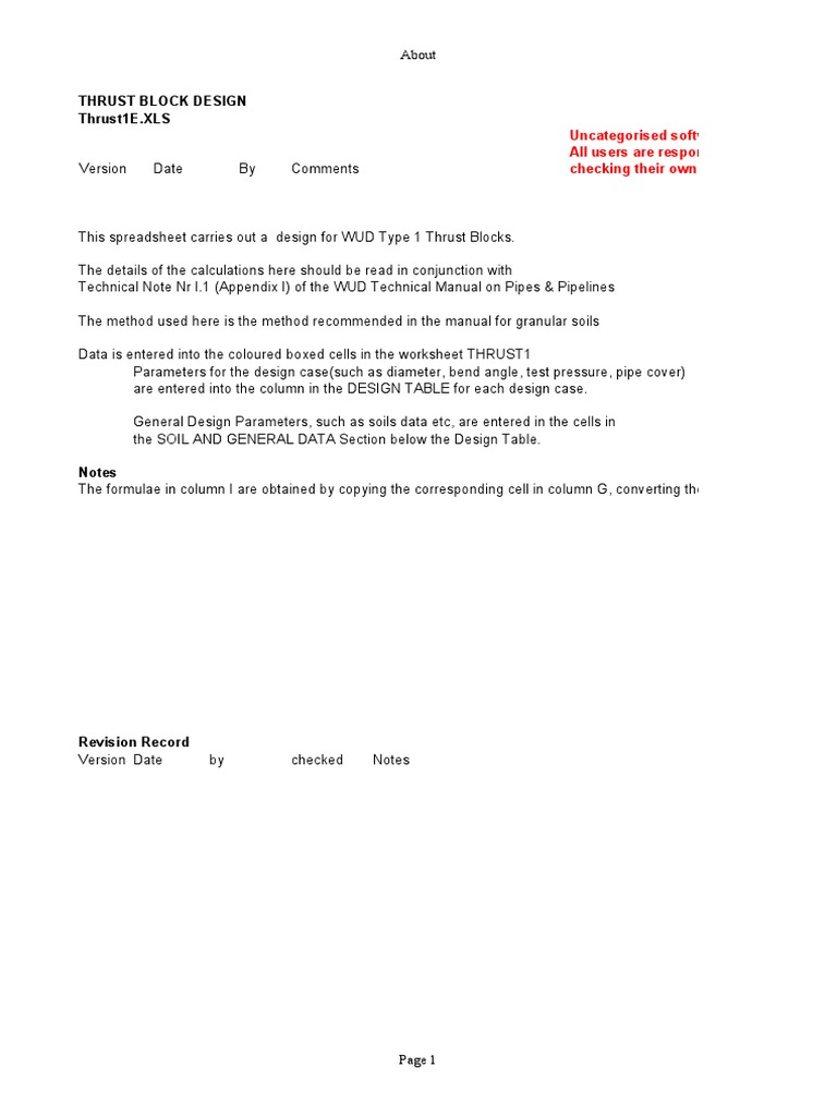 Thrust Block Design Thrust1E.XLS: Uncategorised Software All Users Are Responsible For Checking ...