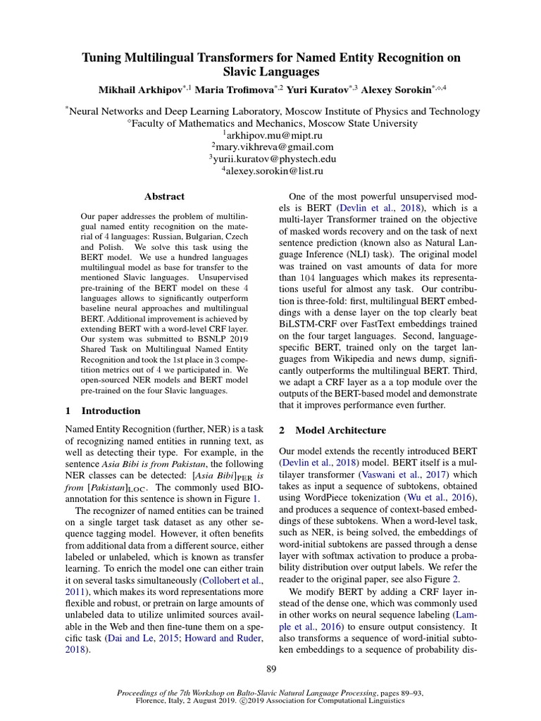 Tuning Multilingual Transformers For Language-Specific Named Entity Recognition (W19-3712) | PDF ...