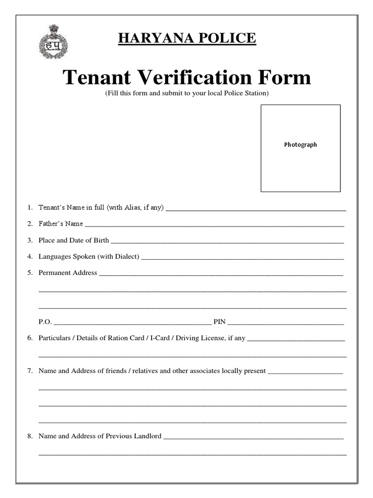 Tenant Verification Form: Haryana Police | PDF | Document | Government And Personhood