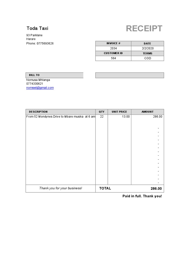 Toda Taxi Receipt - Harare Trip | PDF