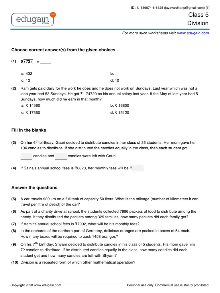Class 5 Division: Choose Correct Answer(s) From The Given Choices | PDF ...