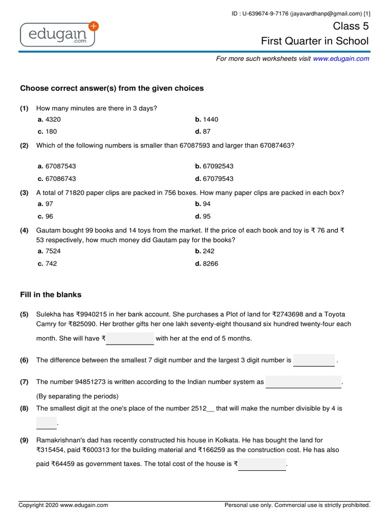 Class 5 First Quarter in School: Choose Correct Answer(s) From The ...