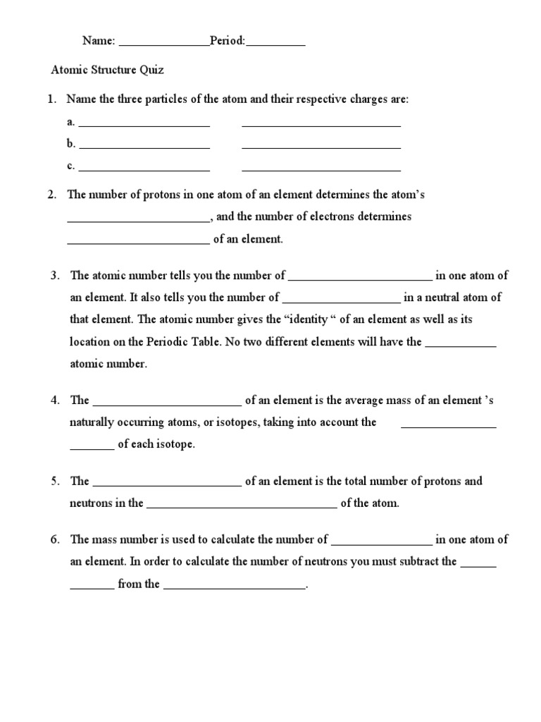 Atomic Structure Quiz and Answers | PDF | Chemical Elements | Atoms