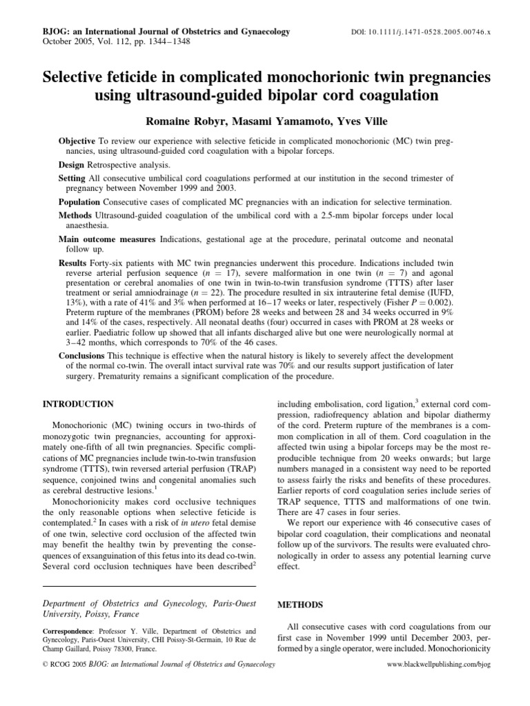 Selective Feticide in Complicated Monochorionic Twin Pregnancies Using ...