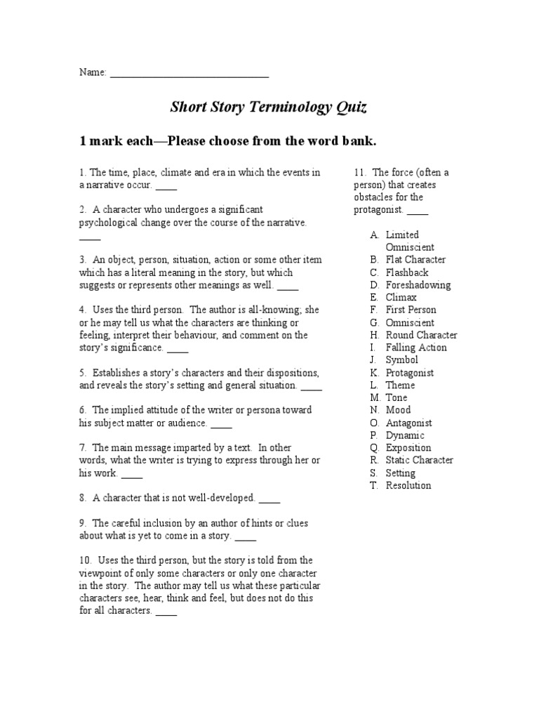 Short Story Terminology Quiz Word Bank | PDF | Narration