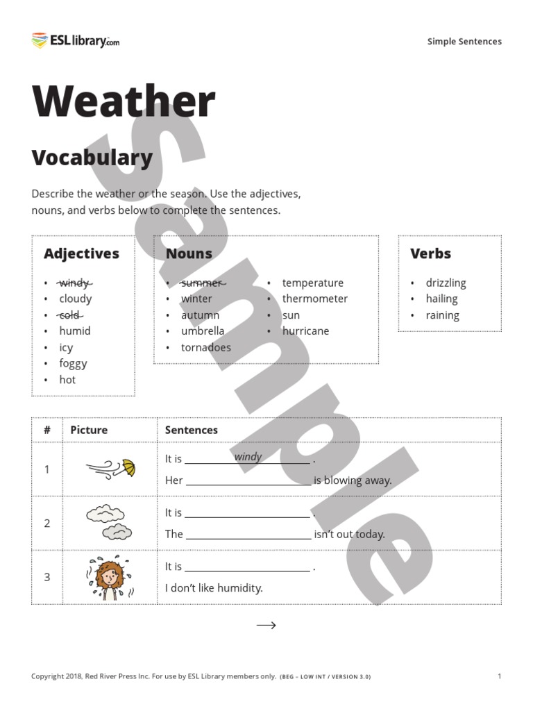 Simple-Sentences Sample ESL-Library | PDF | Weather | English Language