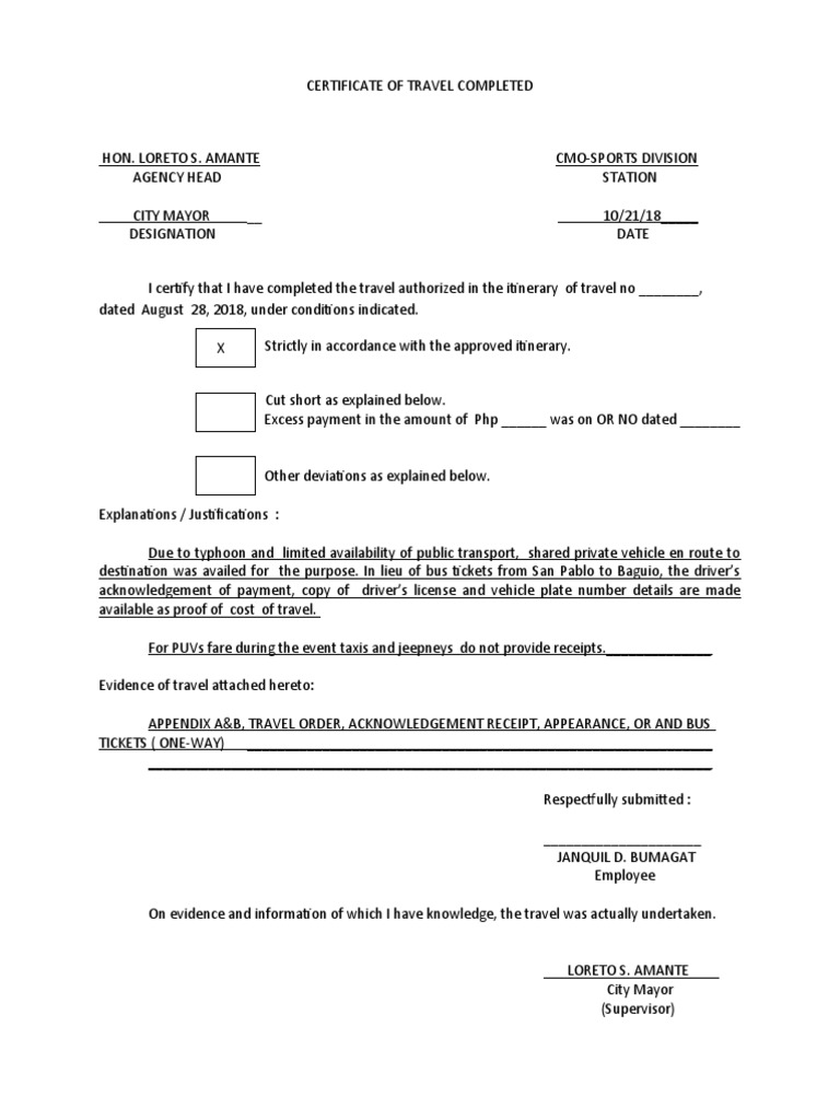 Certificate of Travel Completed | PDF | Per Diem | Public Transport