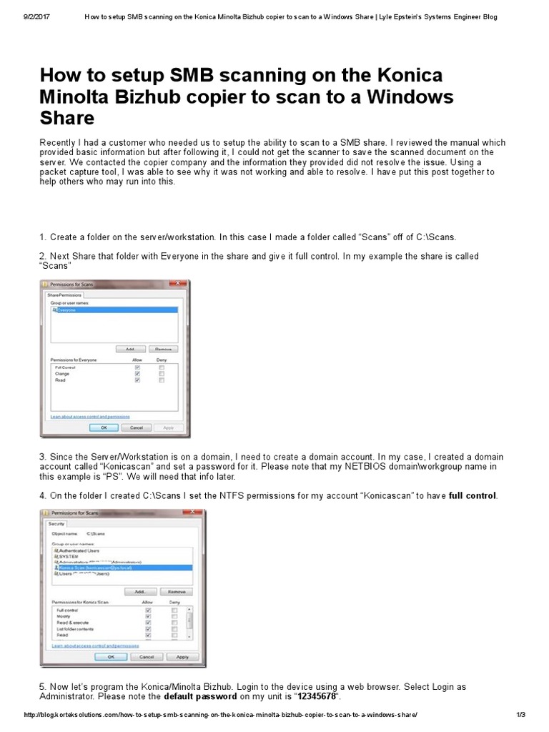 Setup Konica Minolta Bizhub SMB Scanning Windows Share | PDF | Image ...
