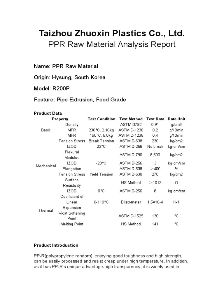 Taizhou Zhuoxin Plastics Co., LTD.: PPR Raw Material Analysis Report ...