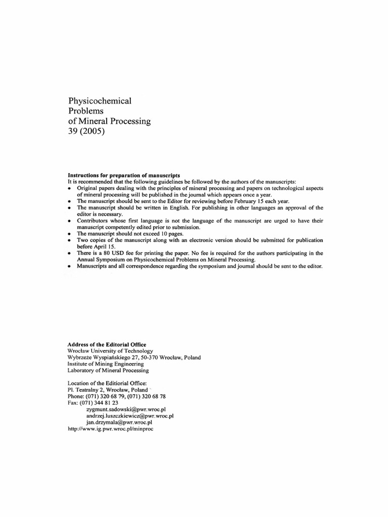 Physicochemical Problems of Mineral Processing 39 (2005) | PDF | Chemical Equilibrium | Molecules