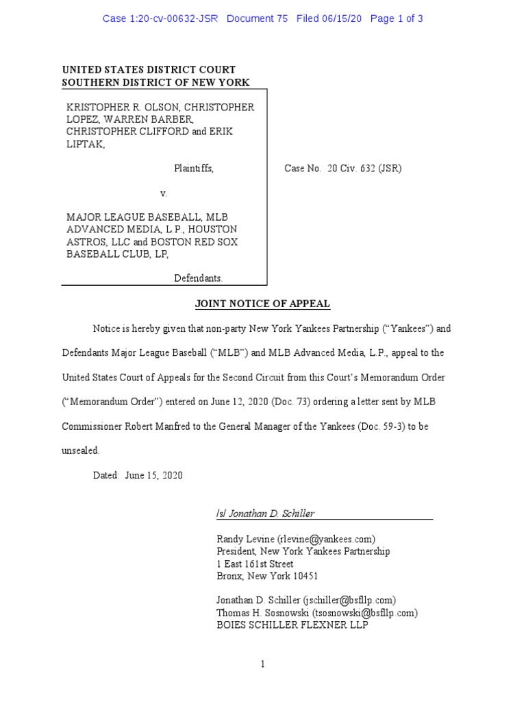 MLB, Yankees Appeal Court Order | PDF | Major League Baseball | Courts