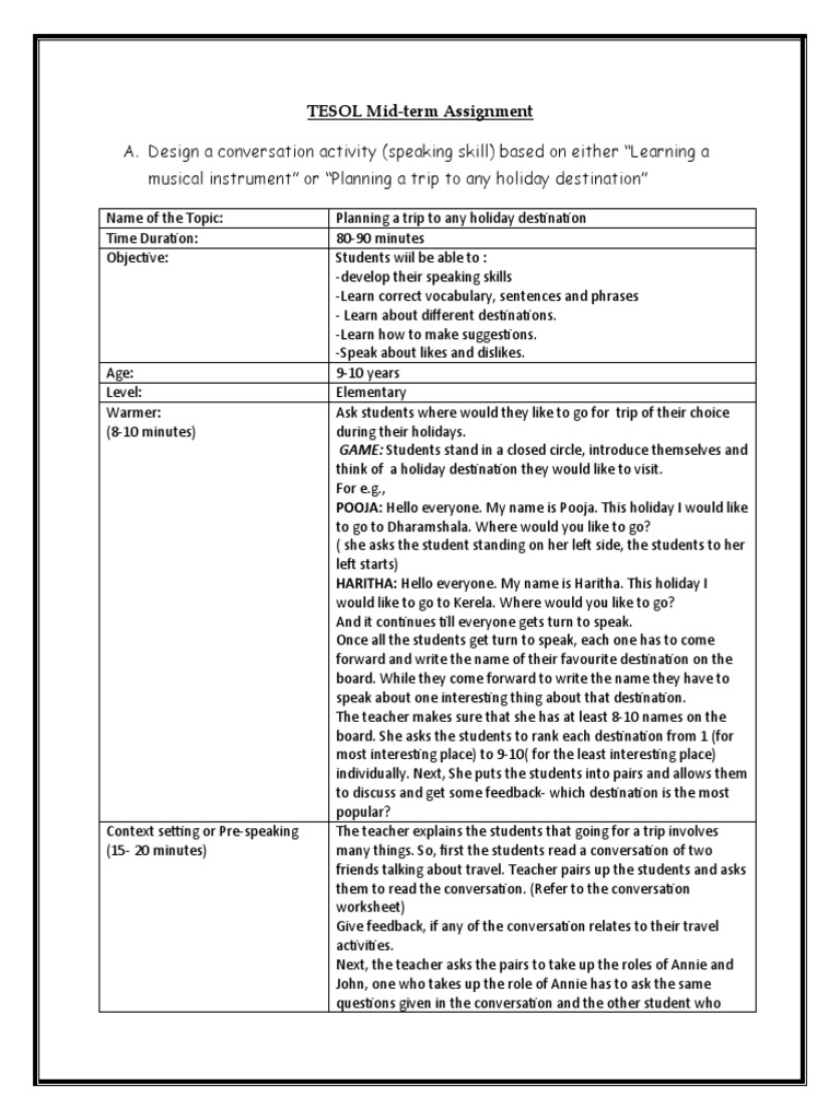 TESOL Lesson Plan: Trip Planning Activity | PDF | Conversation ...
