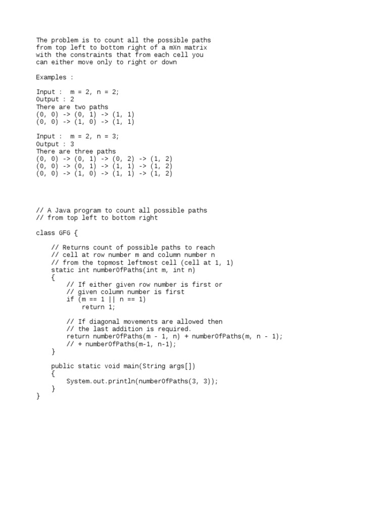 Count All Possible Paths From Top Left To Bottom Right of A MXN Matrix | PDF