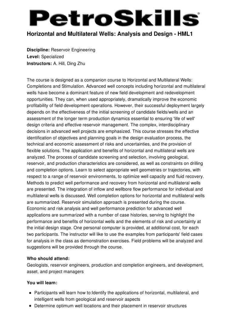 Horizontal and Multilateral Wells: Analysis and Design - HML1 | PDF ...