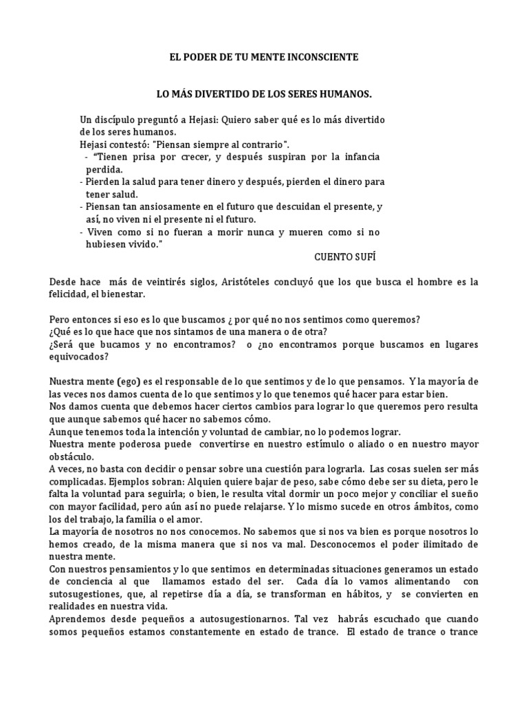 El Poder De Tu Mente Inconsciente Pdf Hipnosis Mente