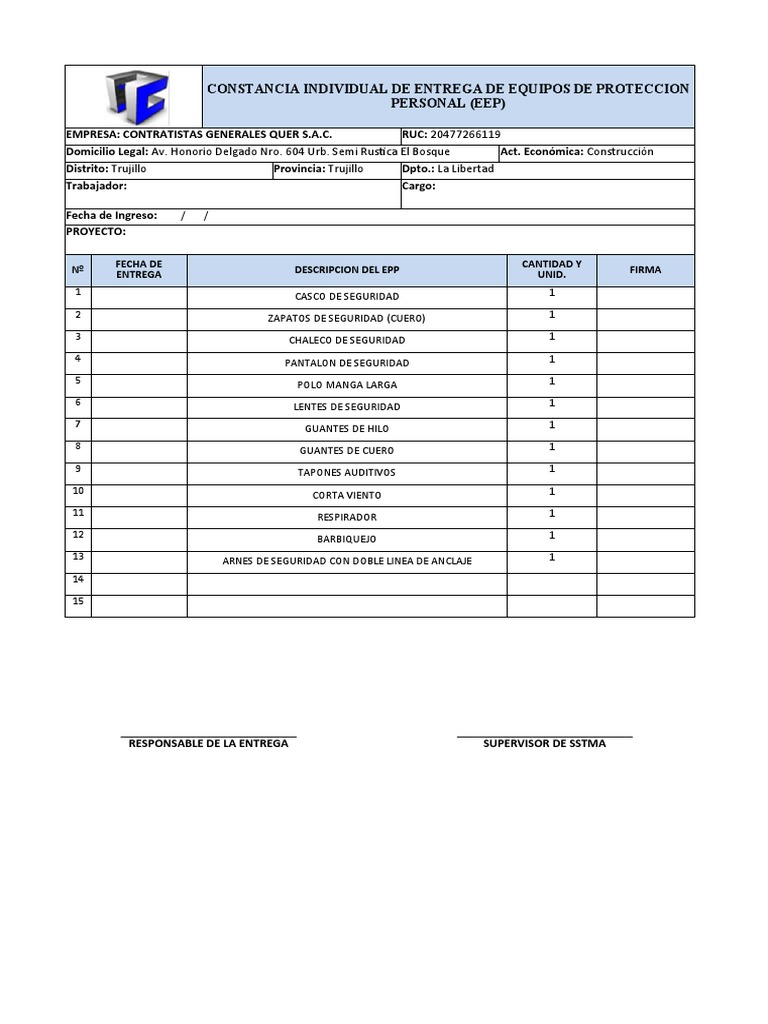 Constancia individual de entrega de EPP | PDF