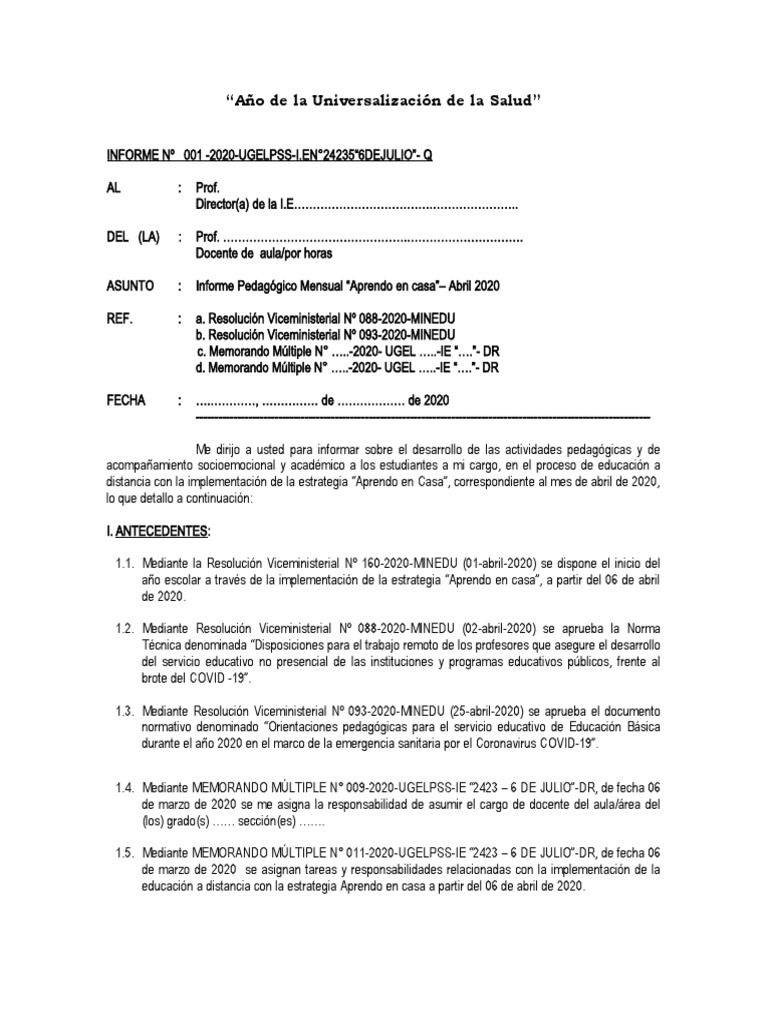 PROPUESTA DE FORMATO DE INFORME DEL DOCENTE AL DIRECTOR APRENDO EN CASA 2020 DREA Ok | PDF ...