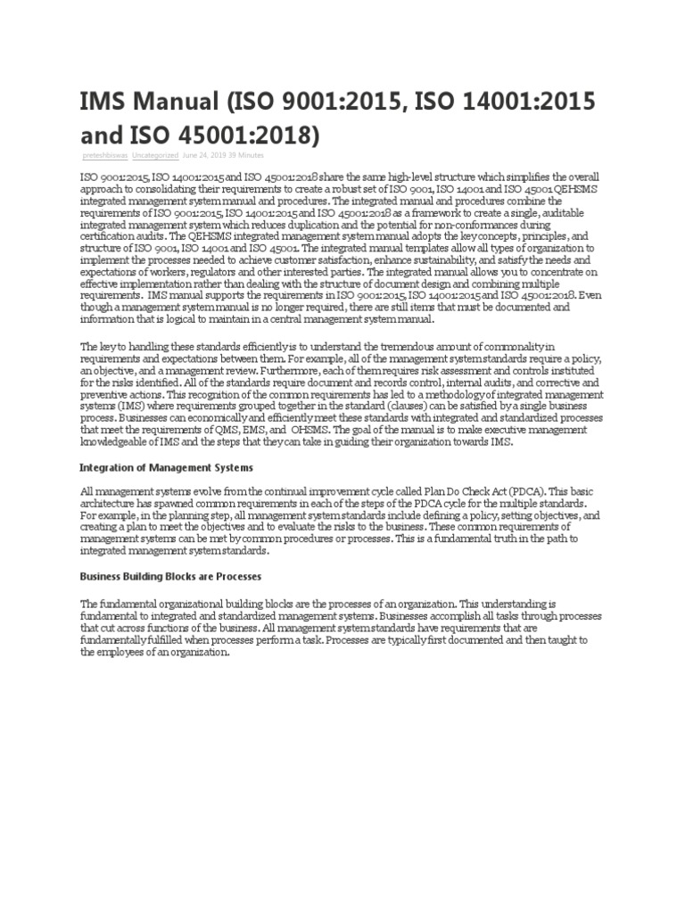 IMS Manual (ISO 9001:2015, ISO 14001:2015 and ISO 45001:2018) | PDF ...