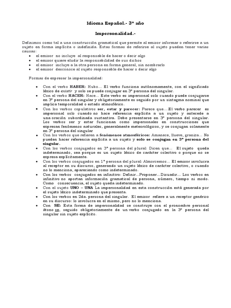 3º Año Marco Teórico La Impersonalidad. | PDF | Verbo | Asunto (gramática)