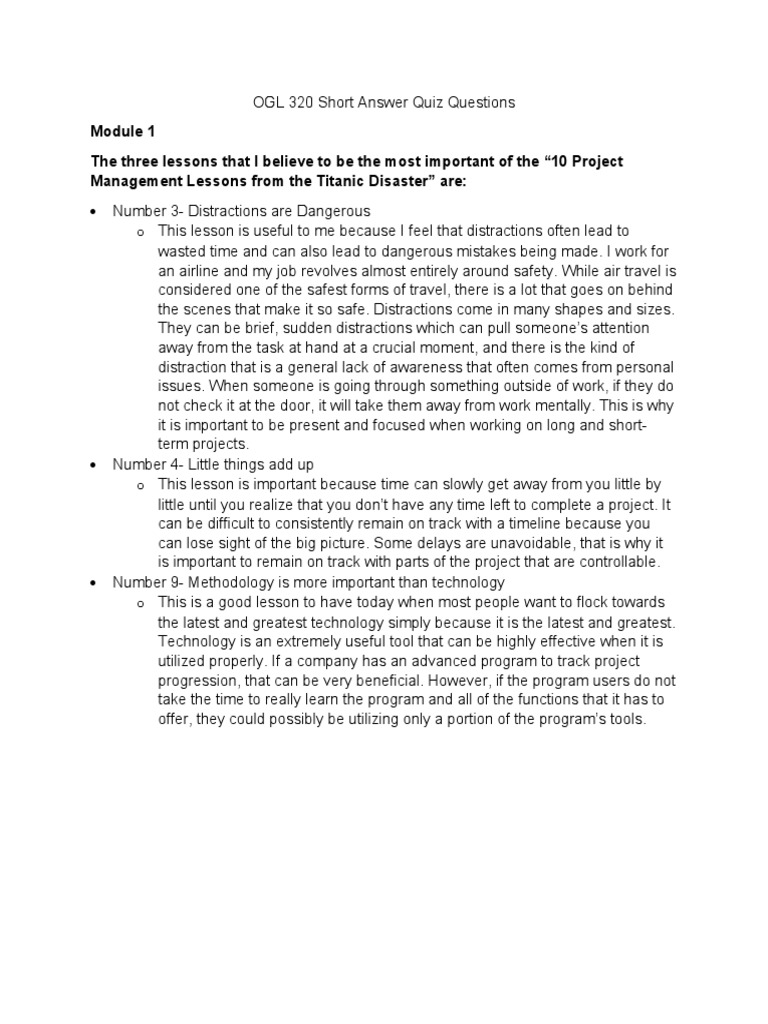 Ogl 320 Short Answer Quiz Questions | PDF | Project Management ...