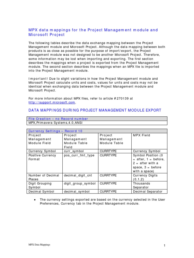 MPX Data Mappings For The Project Management Module and Microsoft ...