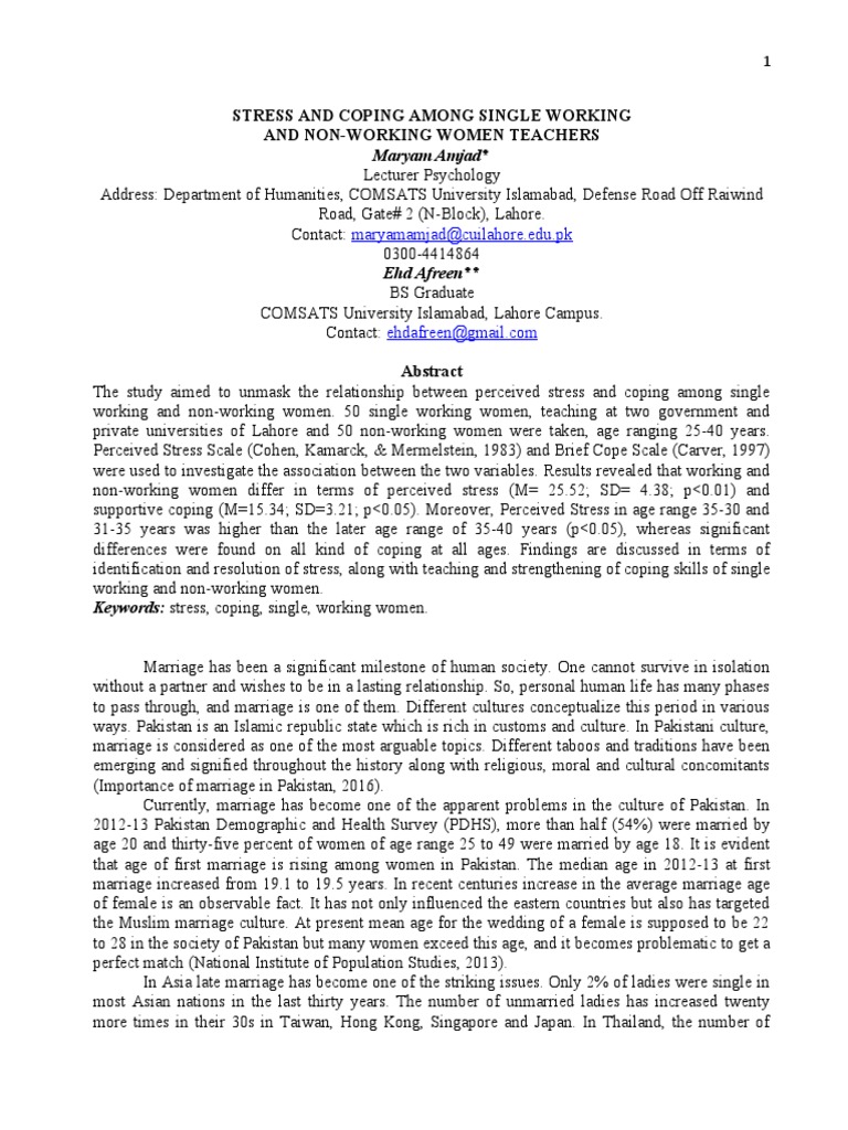 Stress and Coping Among Single Working and Non-Working Women | PDF ...