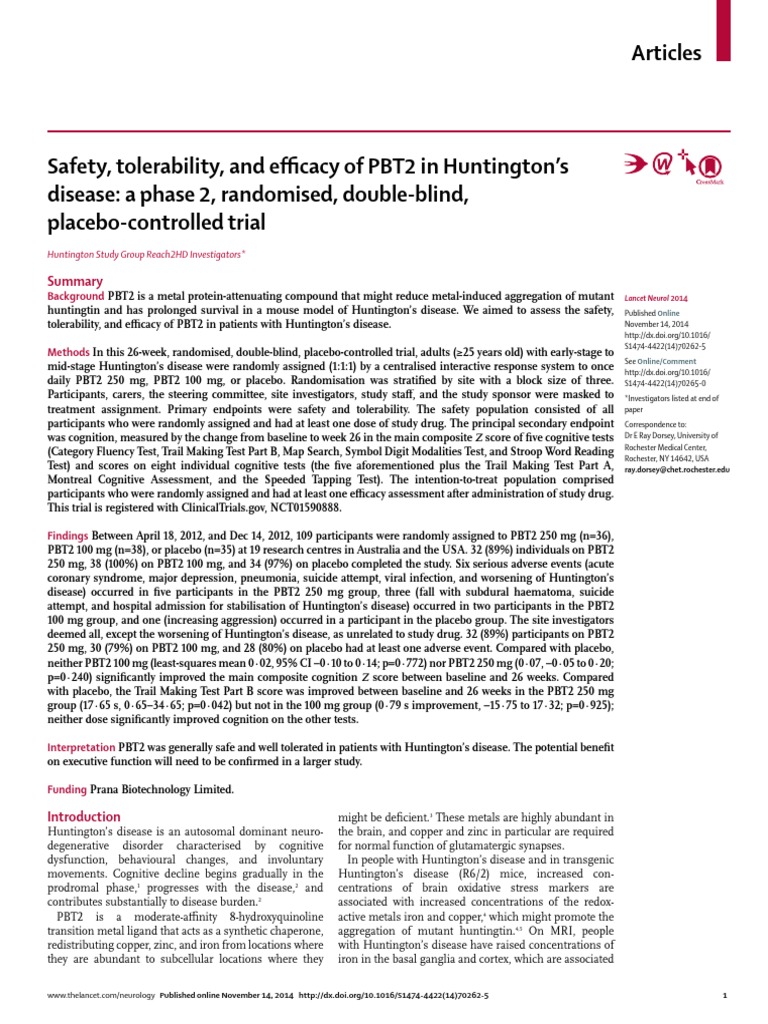 Safety Tolerability and Efficacy of pbt2 in Huntingtons Disease 2015 ...