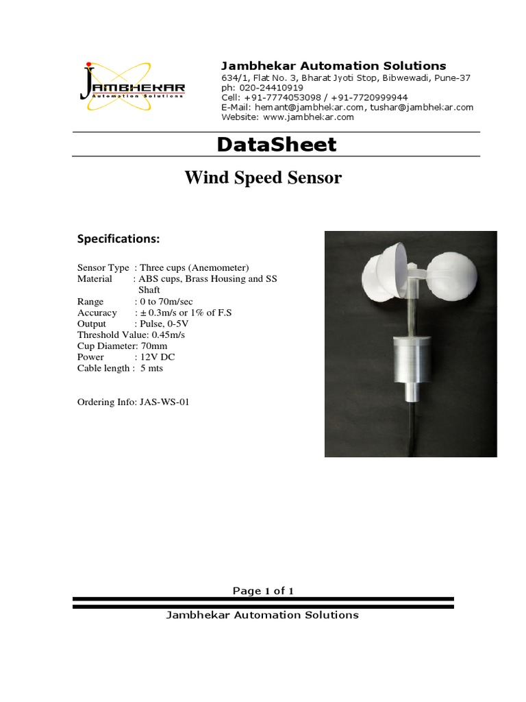 Wind Speed Sensor Specifications | PDF