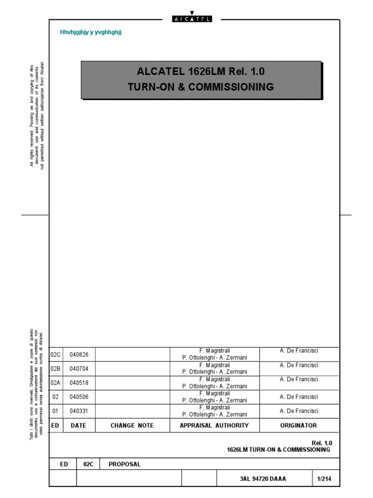 ALCATEL 1626LM Rel. 1.0 Turn-On & Commissioning: Hhvhjgjhjy y Yvghhghjj ...