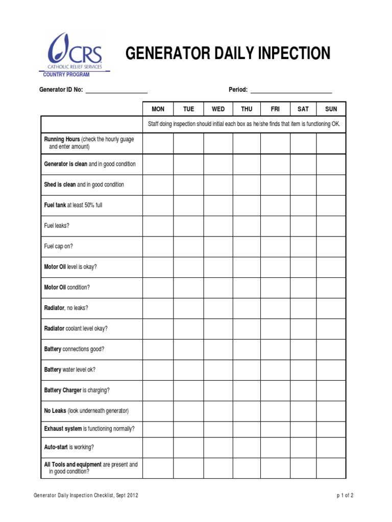 Generator Daily Inpection: Generator ID No: Period: MON TUE WED THU FRI SAT SUN | PDF