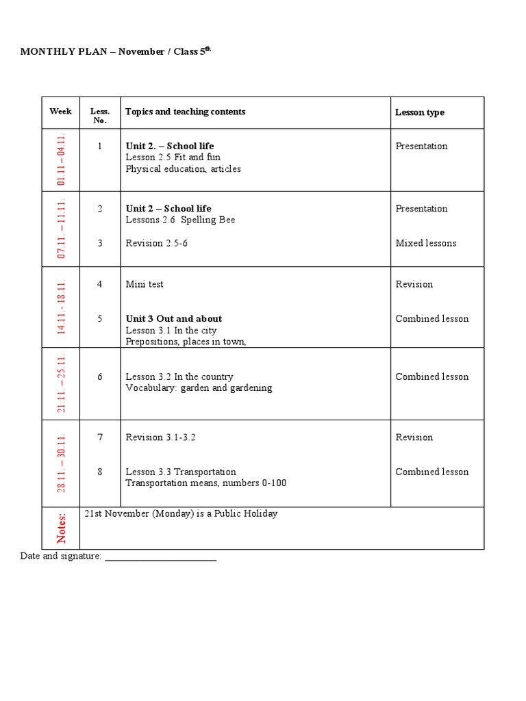 MONTHLY PLAN - November / Class 5: Topics and Teaching Contents Lesson ...