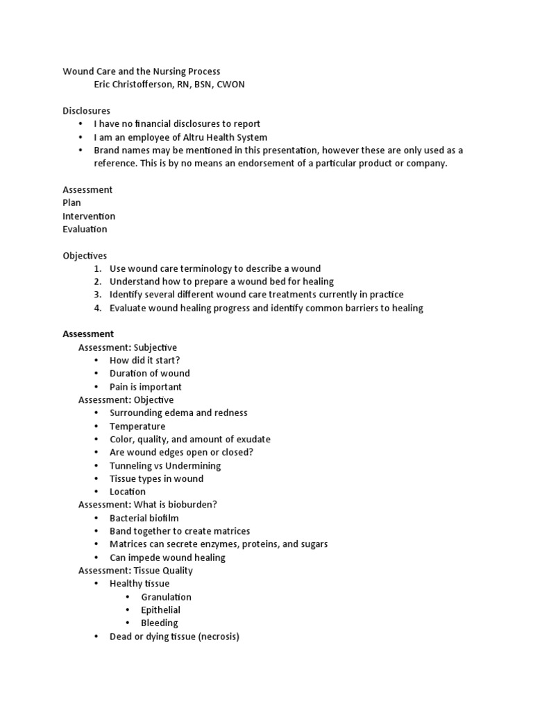 Outline - Wound Care and The Nursing Process | PDF | Wound | Healing