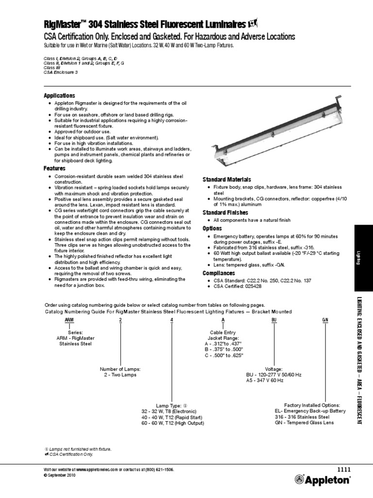 Rigmaster 304 Stainless Steel Fluorescent Luminaires | PDF ...