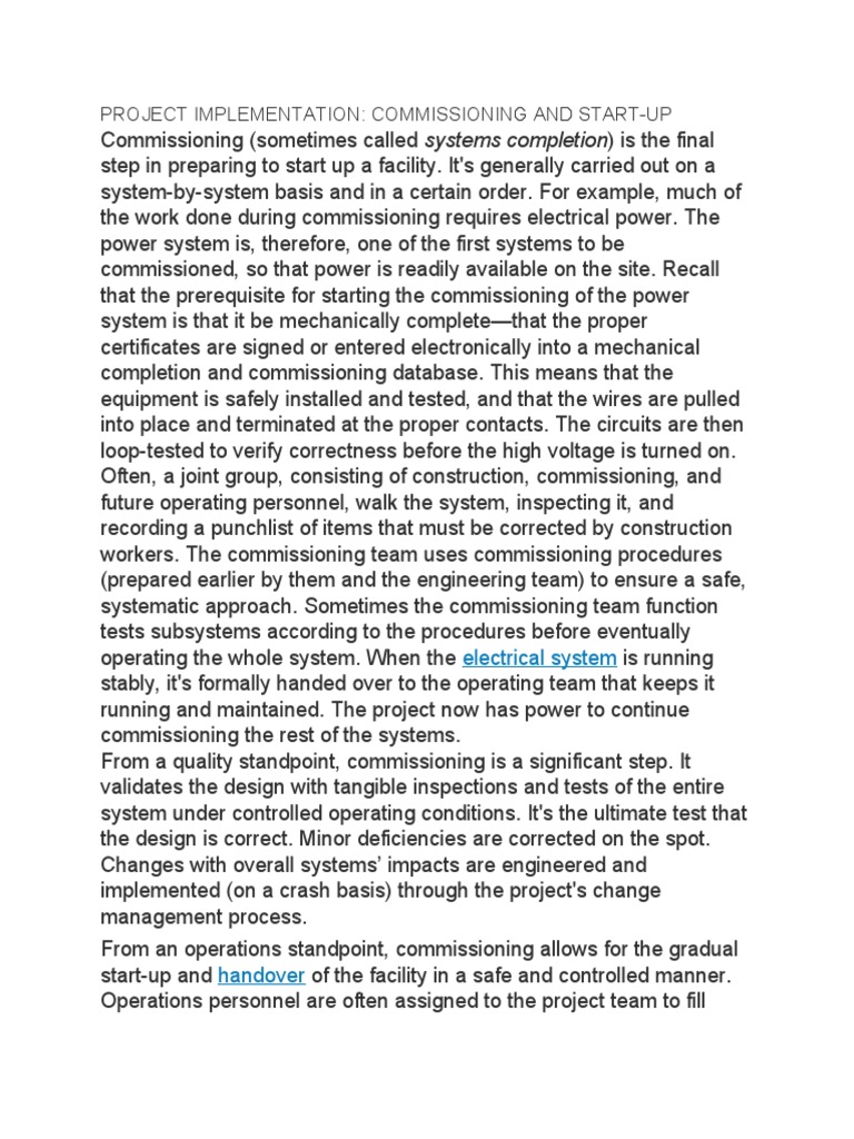 Project Implementation: Commissioning and Start-Up: Electrical System ...