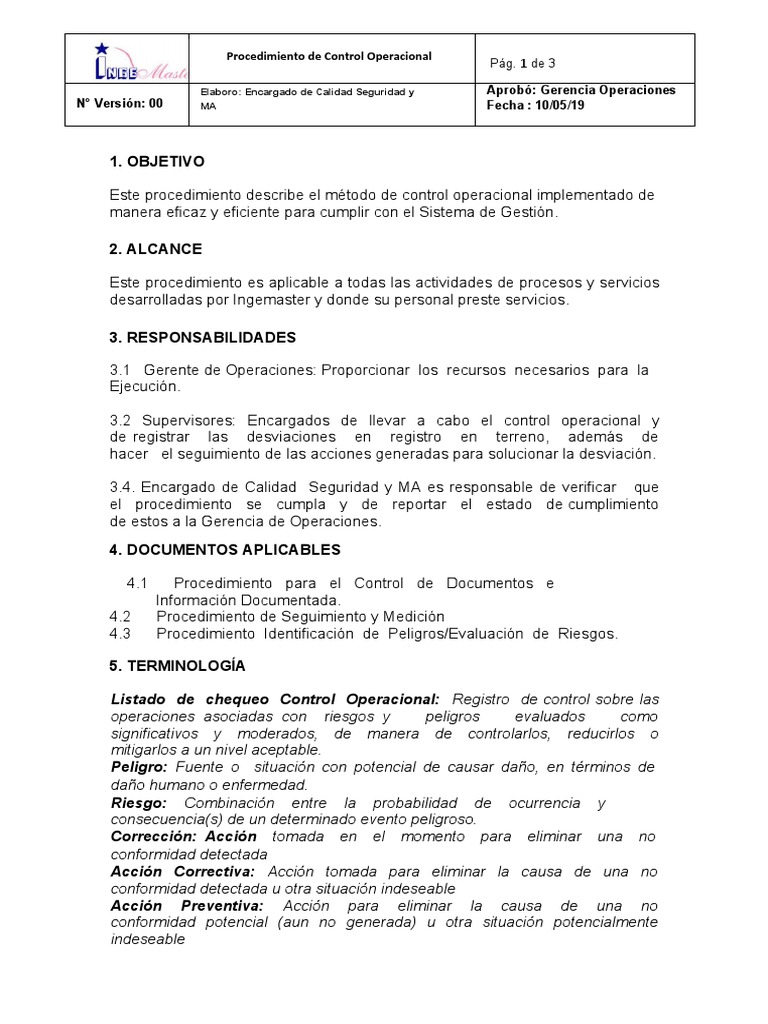 Procedimiento de Control - Operacional Ingemaster | PDF | Riesgo | Business
