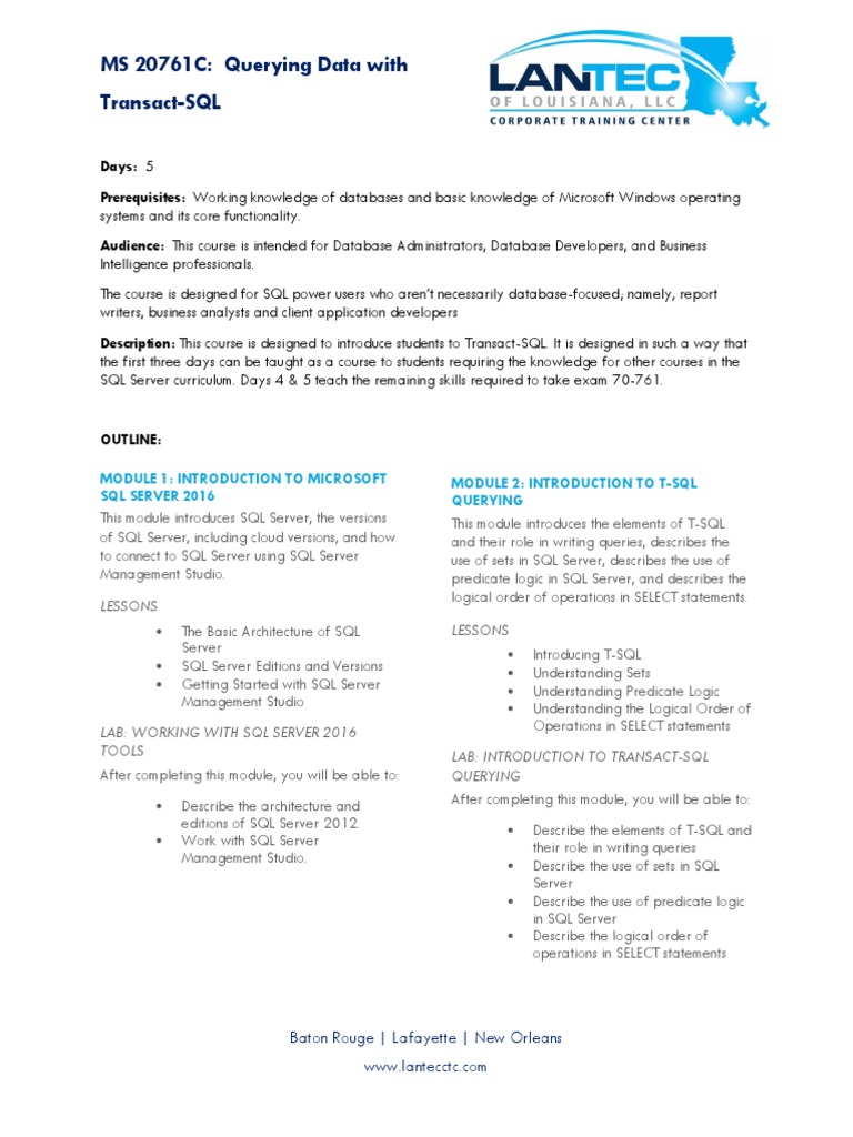 MS 20761C Web | PDF | Microsoft Sql Server | Sql