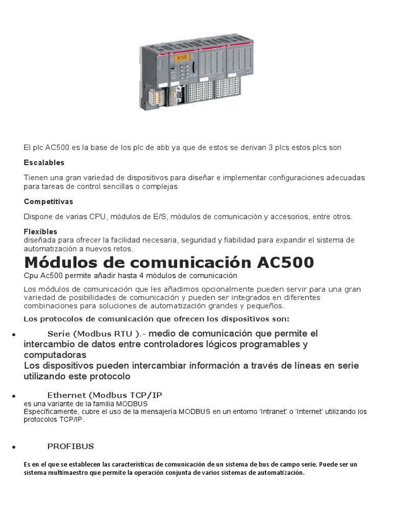El PLC AC500 Es La Base de Los PLC de Abb Ya Que de Estos Se Derivan 3 Plcs Estos Plcs Son | PDF ...